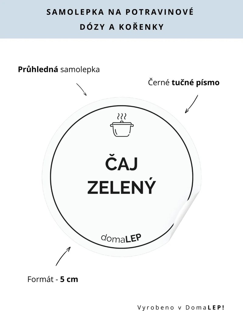 ČAJ ZELENÝ – průhledná samolepka na dózu, tučné písmo, 5 cm | DomaLEP