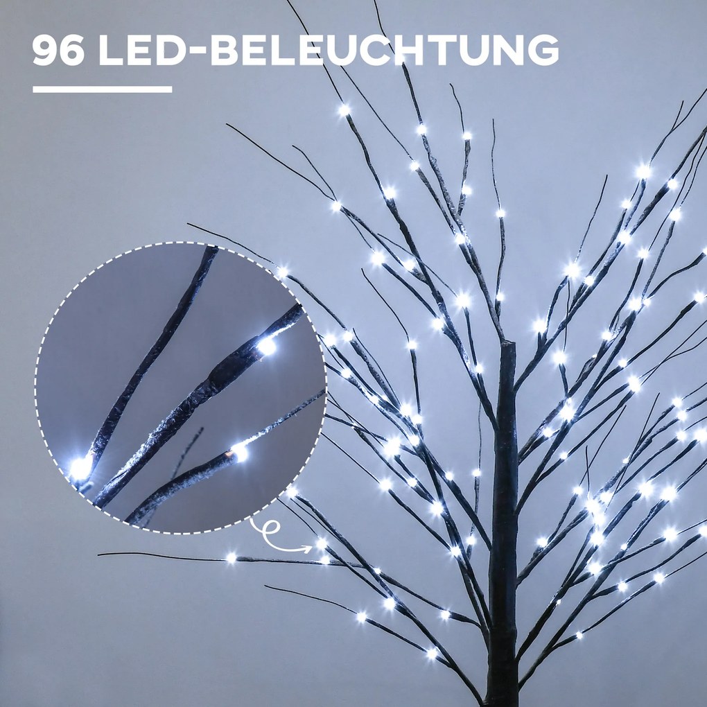 HOMCOM 150 cm umělý březový stromek s 96 LED světly a umělým sněhem pro vánoční výzdobu a oslavy, ideální na večírky, svatby
