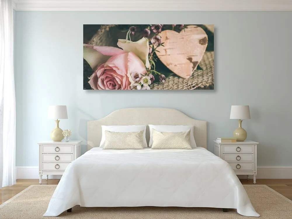 Obraz růže a srdíčko ve vintage provedení - 120x60 cm