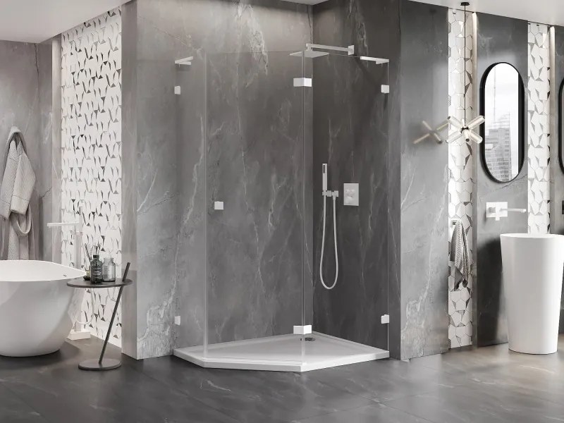 Mexen Lunar, L pravý výklopný pětiúhelníkový sprchový kout 90 x 80 cm, 8mm čiré sklo, bílý profil, 831L-090P-080L-20-00-P
