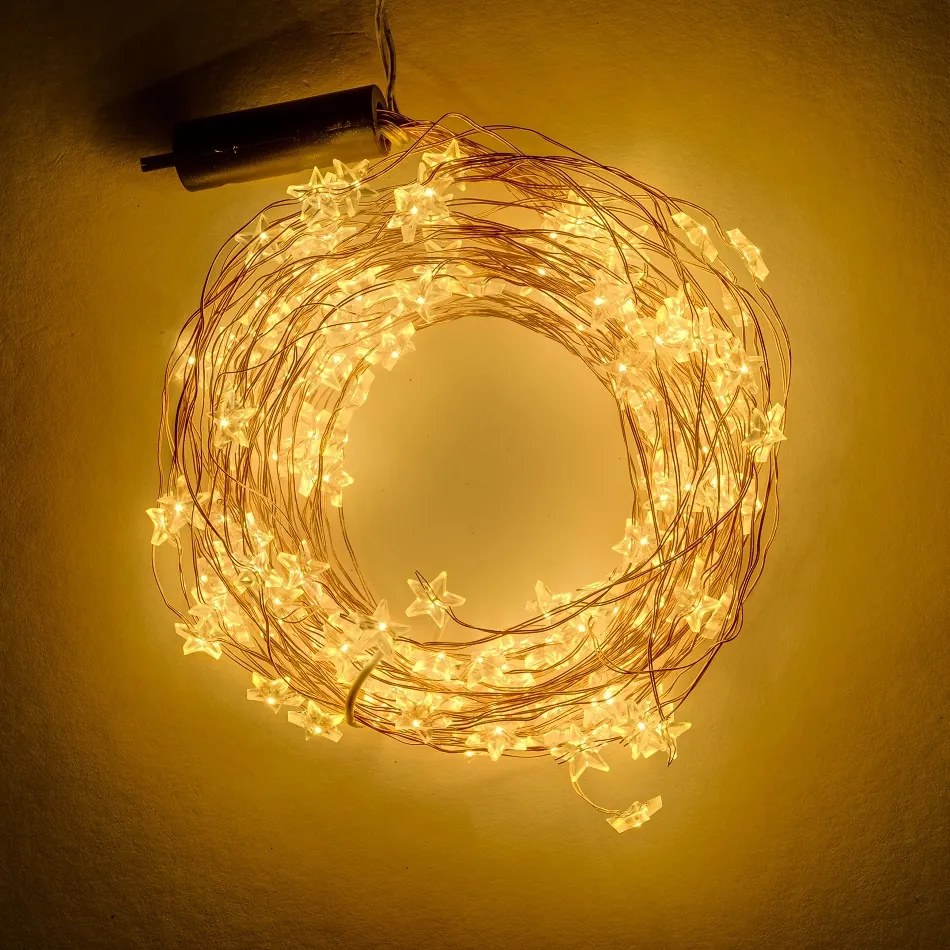 LED světelný řetěz, hvězdičky, 12 pramenů × 1,5 m, venkovní, teple bílá, 180 diod, měděný kabel, IP44, vč. zdroje
