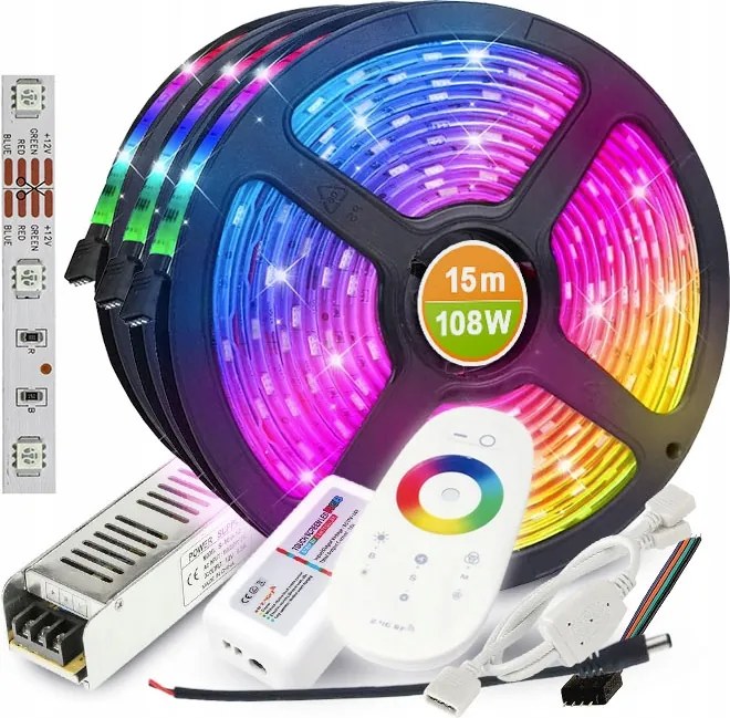 Set Led pásek Rgb multi 15 m Dálkový Ovladač Napájecí zdroj vysoké kvality Produkty