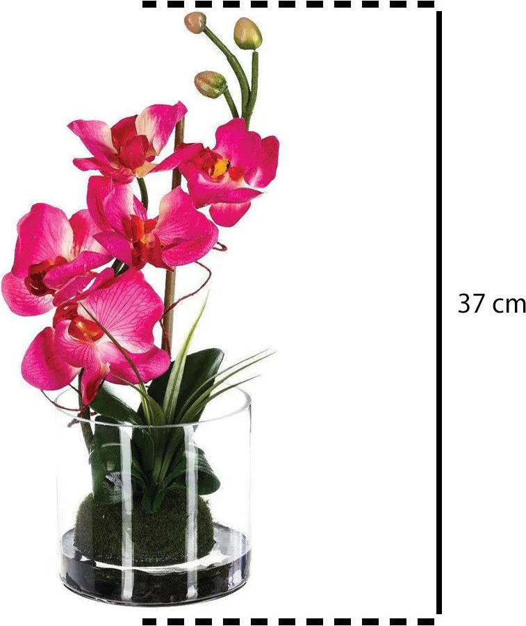 Růžová orchidej v skleněné váze, domácí dekorace, výška 37 cm