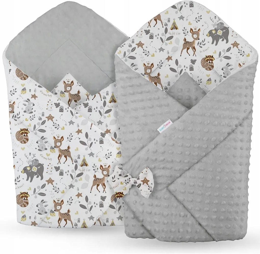 Oboustranná zavinovačka pro miminka 80x80 cm BABYMAM PREMIUM - Srneček a přátelé s šedou minky