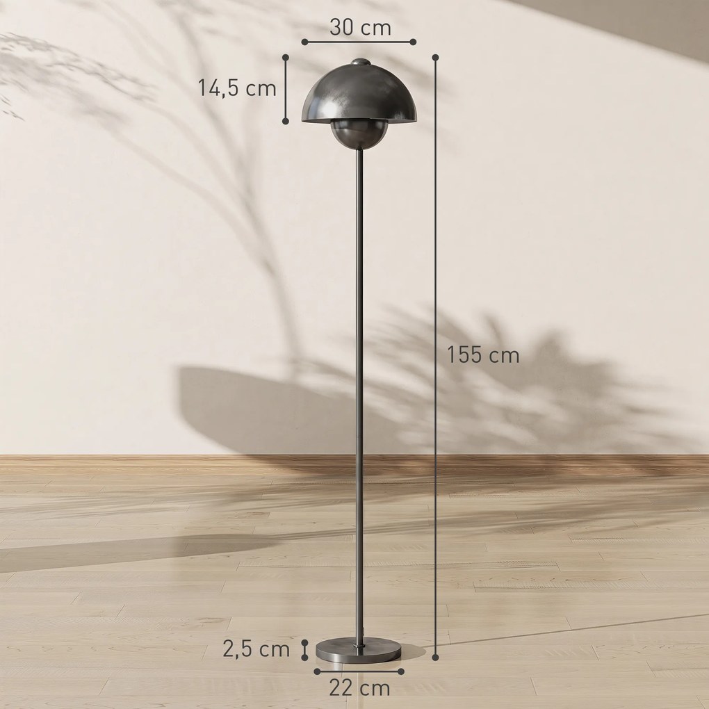 HOMCOM Stolní lampa, kulaté stínidlo, nožní spínač, dlouhý kabel, elegantní vzhled, kov, šedá
