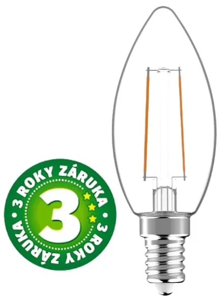 Prémiová retro LED žárovka svíčka E14 2,5W 250lm teplá, filament, ekv. 25W, 3 roky