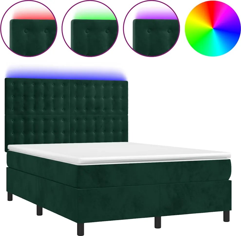 Box spring postel s matrací a LED tmavě zelená 140x190 cm samet 3136362