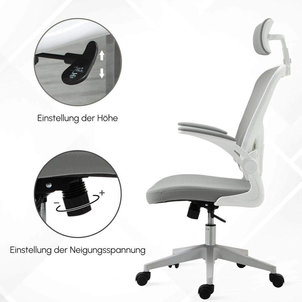 Kancelářská židle Vinsetto ergonomická kancelářská židle s opěrkou hlavy a funkcí houpání, výškově nastavitelná, šedá, 65 x 64 x 114-122 cm