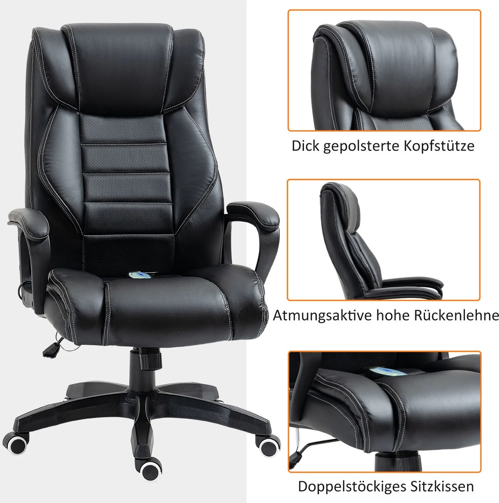 Masážní kancelářská židle Vinsetto v kůži, ergonomická výškově nastavitelná otočná židle, počítačová židle v černé barvě pro kancelář a domácí kancel…