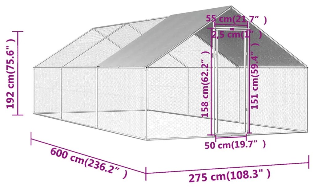 vidaXL Marketos Venkovní klec pro kuřata 2,75 x 8 x 1,92 m pozinkovaná ocel