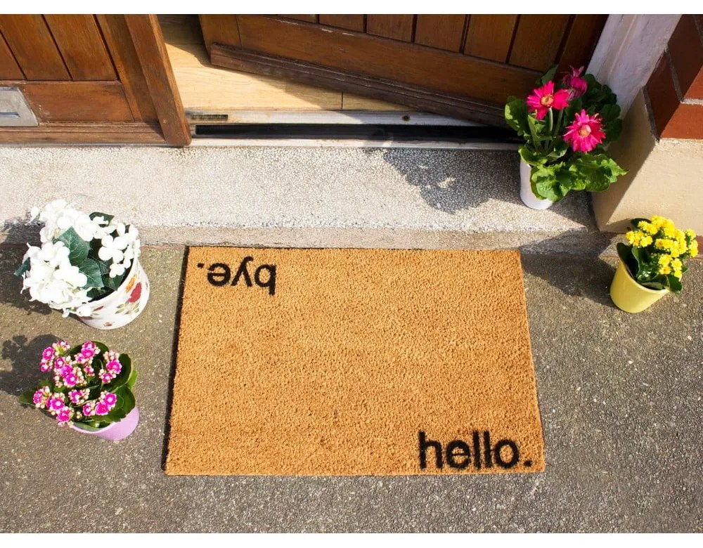 Černá rohožka z přírodního kokosového vlákna Artsy Doormats Hello, Bye, 40 x 60 cm