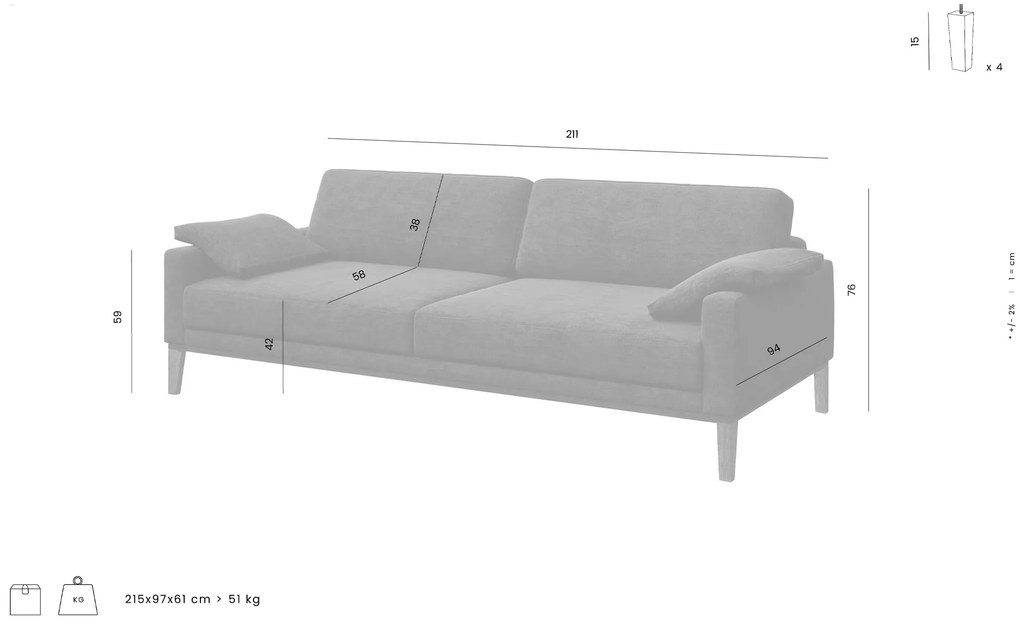 MUZZA Pohovka třímístná musso tufted 211 cm antracit