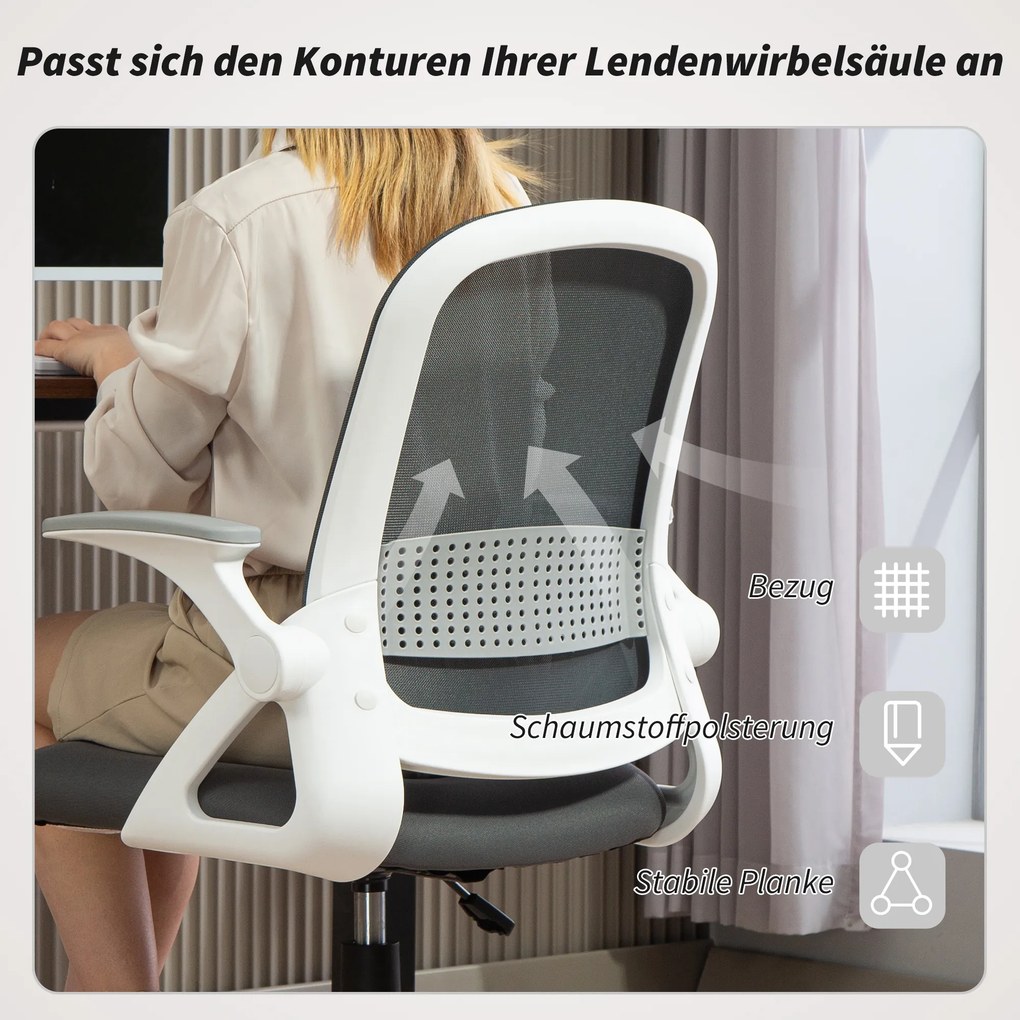 HOMCOM ergonomická síťovaná kancelářská židle se sklápěcími područkami, bederní oporou, výškově nastavitelná otočná židle s náklonem, šedá