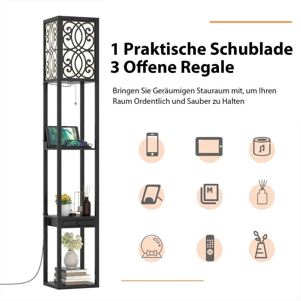 Costway Stojací lampa s policemi a zásuvkou do obývacího pokoje ložnice, černý