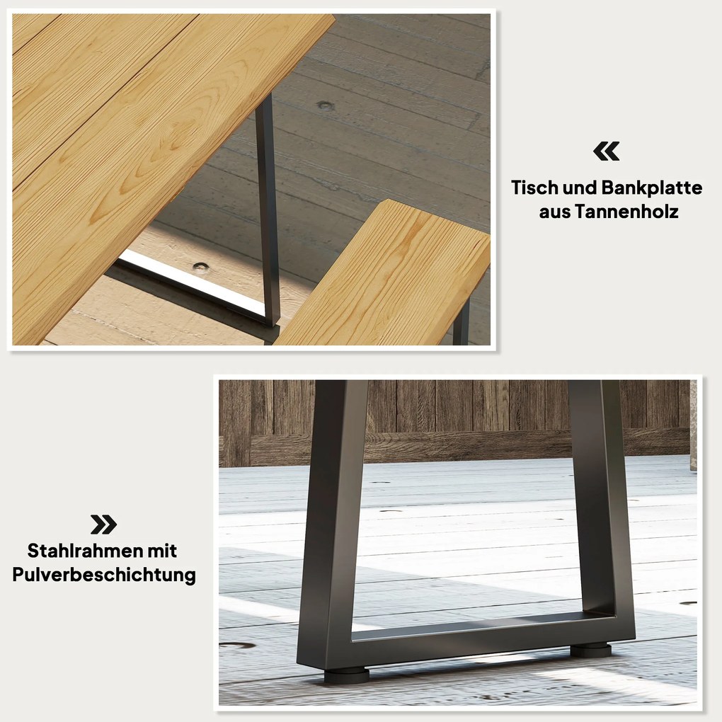 Outsunny Sedací souprava 3dílná dřevěná jídelní souprava pro 6 osob jídelní stůl se 2 lavicemi otvor na deštník dřevěný stůl 178 x 76 x 77 cm přírodn…