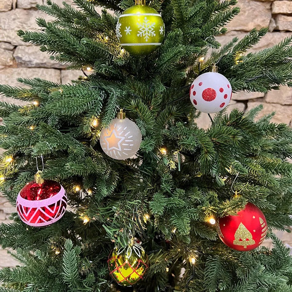 Sada vánočních ozdob barevné 6 cm plastové ozdoby, 6 druhů, balení 12 ks