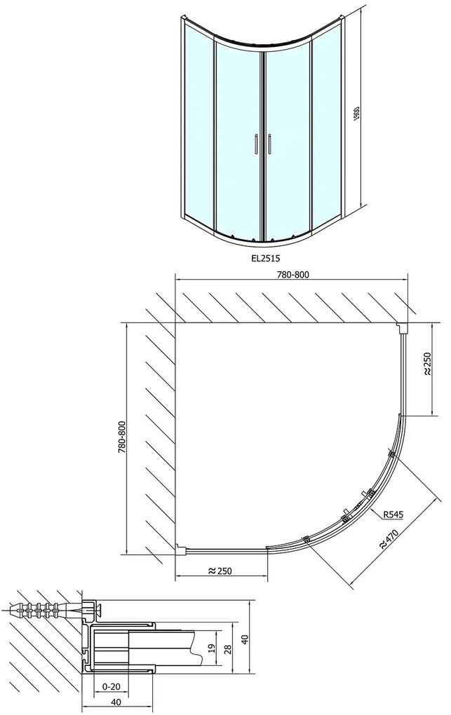 Polysan EASY LINE čtvrtkruhová sprchová zástěna 800x800mm, L/R, čiré sklo EL2515