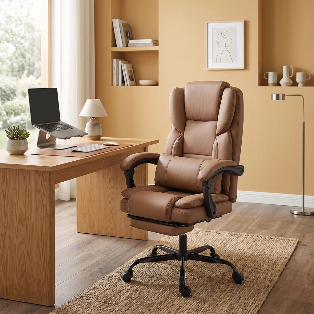 HOMCOM ergonomická kancelářská židle s opěrkou nohou — nastavitelná výška, bederní opora, 360° otáčení, eko-kůže přátelská k mazlíčkům, hnědá