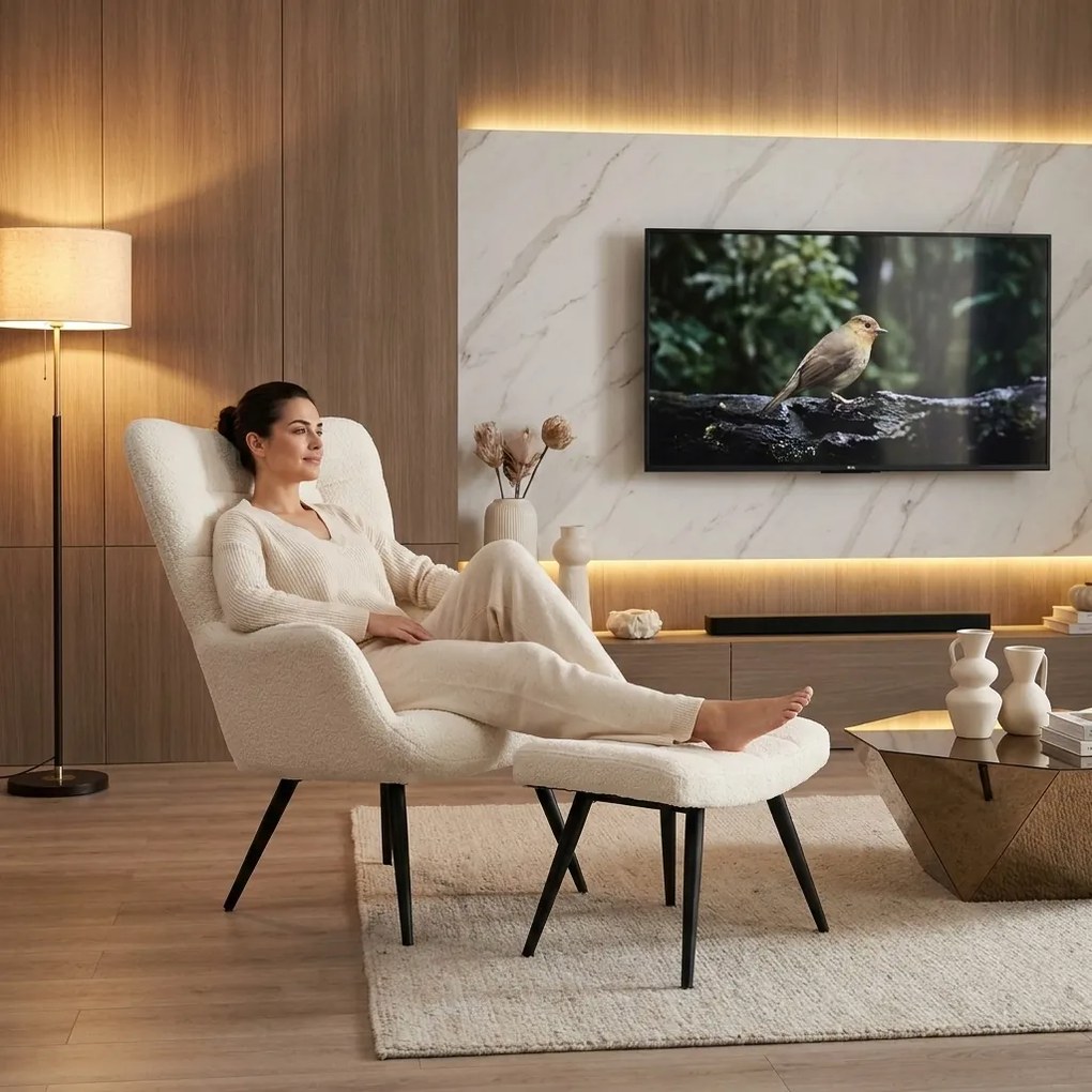 Relaxační křeslo ušák s podnožkou LUMEN - bílá Velvet látka