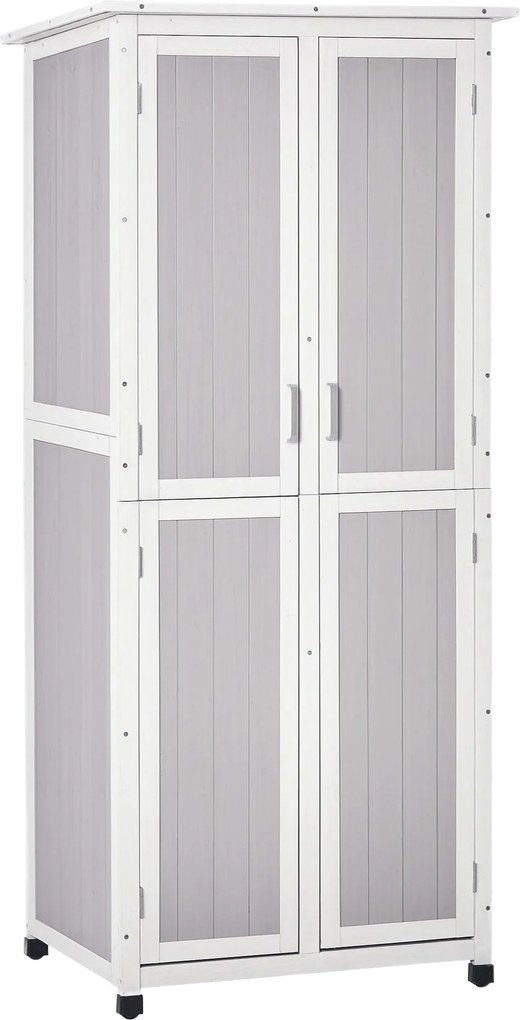 Outsunny Dřevěný zahradní nářaďový domek s bitumenovou střechou a háčky, 77x58x175 cm, šedý | Aosom