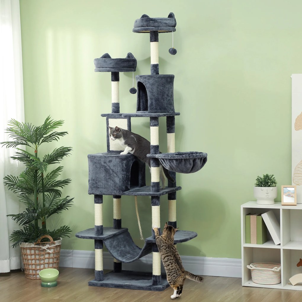 PawHut Škrabadlo 206 cm Kočičí věž s jeskyní, 2 hrací balíky, sisalové sloupky, plošina pro velké kočky, tmavě šedá barva