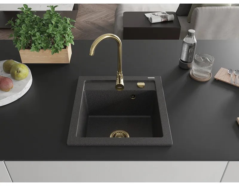 Mexen Vito, granitový dřez 520x490x210 mm, 1-komorový, černá skvrnitá se zlatým sifonem, 6503521000-76-G