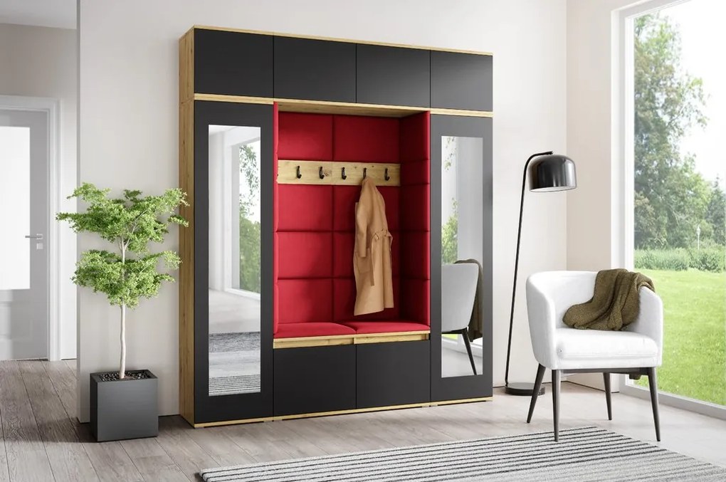 Eka Předsíňová stěna s čalouněnými panely Trinity 32 - Dub Artisan s černou / Rubínová 2324