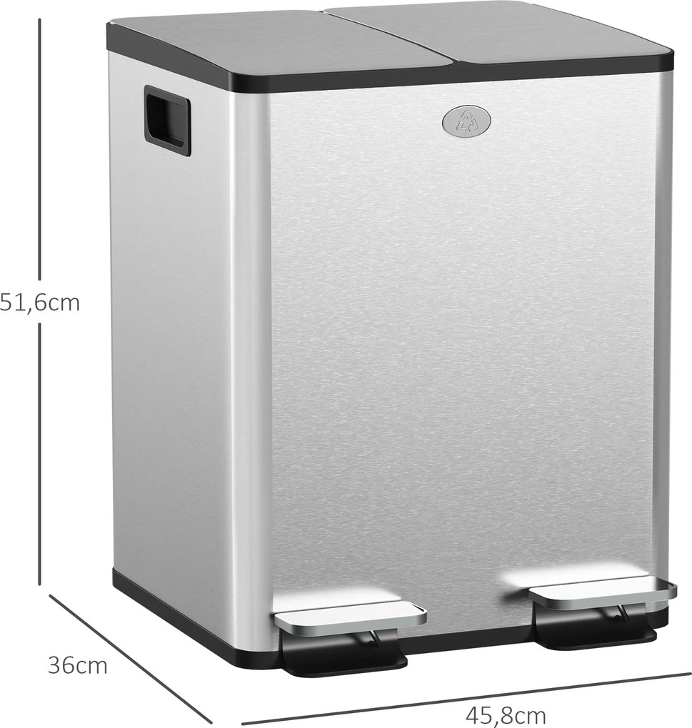 2 x 20litrové dvojité odpadkové koše, otevírání pomocí pedálu, snadné čištění, nerezová ocel, plast, stříbrná barva