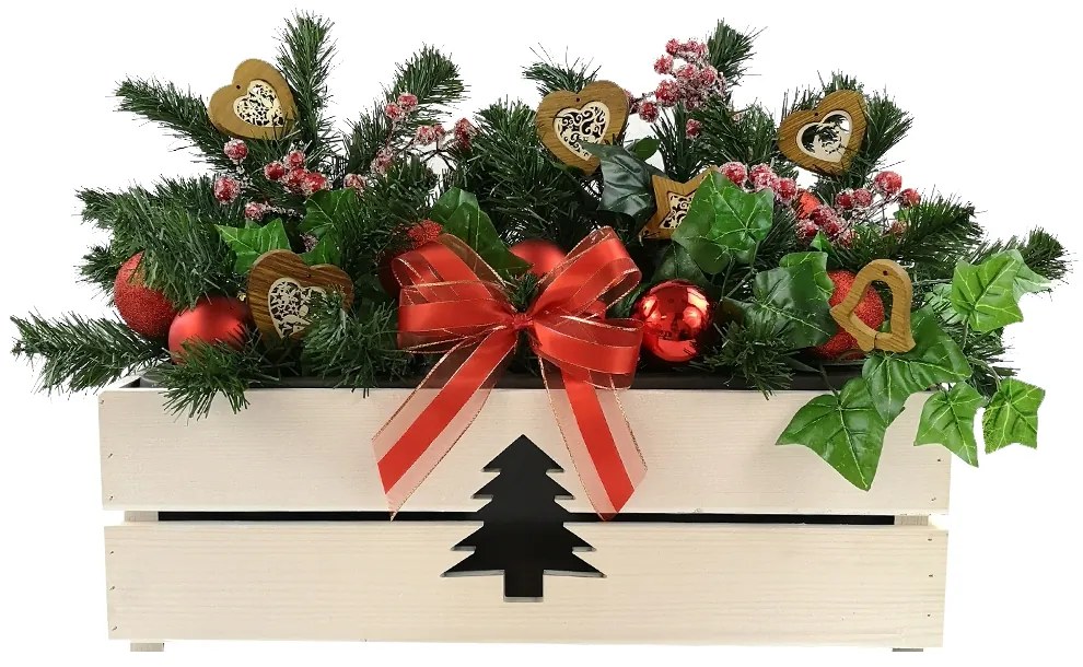 AMADEA Dřevěný vánoční truhlík se stromečkem bílý, uvnitř s černou fólií, 52x21,5x17cm, český výrobek