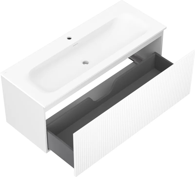 Mexen Rivel, koupelnová skříňka 120 cm s umyvadlem Vela, 1 zásuvka, drážkovaná, bílá matná, 91A20-12047-1-BF01-W23M01
