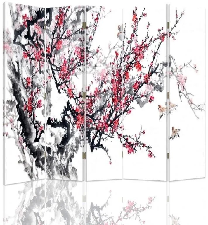 Ozdobný paraván Japonské třešňové květy - 180x170 cm, pětidílný, obustranný paraván 360°