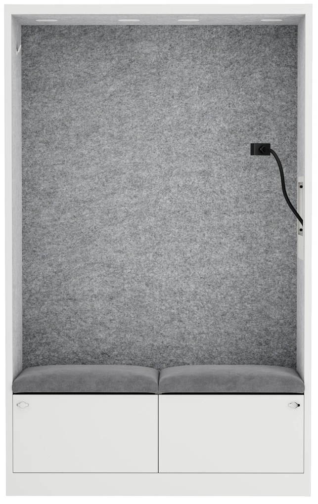 Kancelářská akustická kabina se sedátkem a USB-C portem, korpus bílý / sedák šedá, 1150 mm: SALLY MentalBox