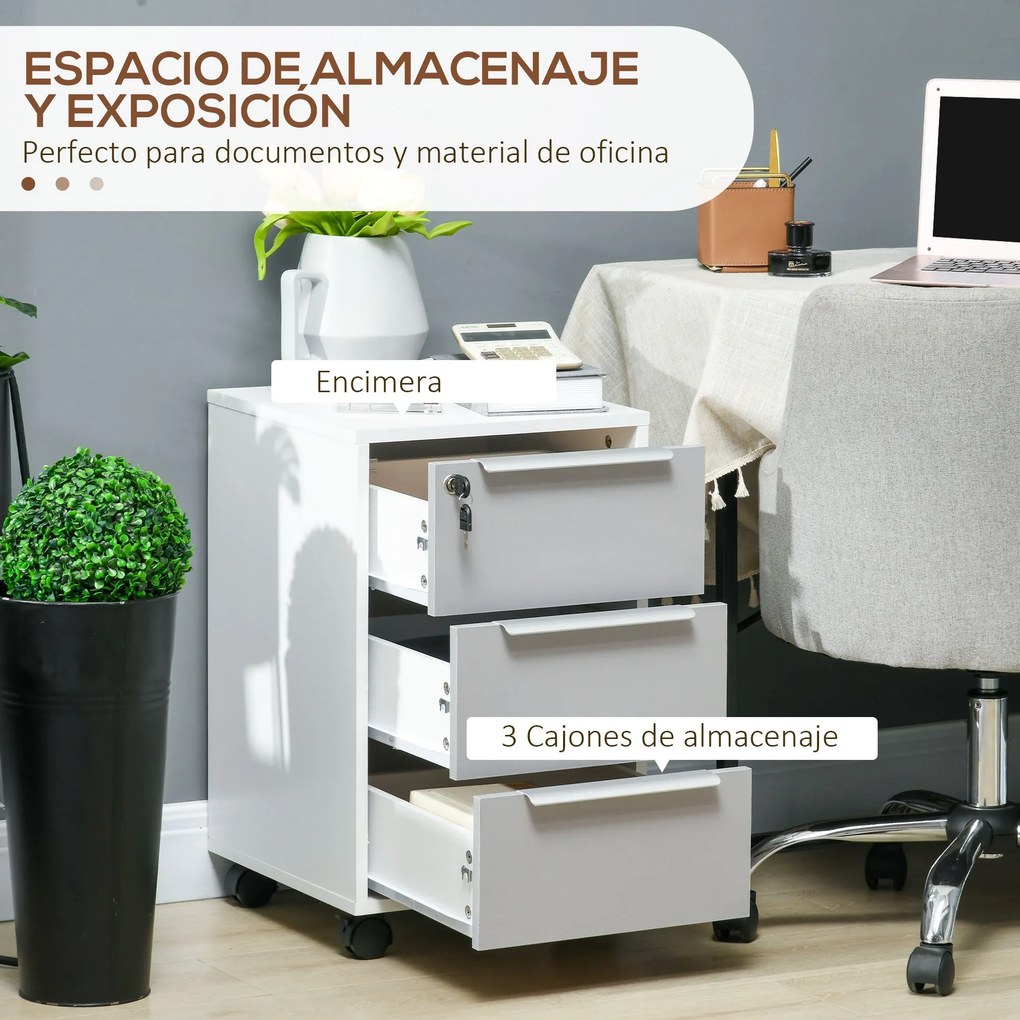 HOMCOM zásuvková jednotka se 3 zásuvkami – kancelářský file cabinet s kolečky, zámkem a 2 klíči pro domácí kancelář 40x40x63,5 cm bílá a šedá