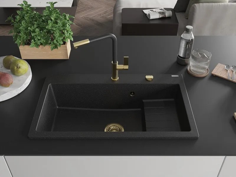 Mexen Omar, 1-komorový granitový dřez 800x480x210 mm, černá-stříbrná metalíza, zlatý sifon, 6520801005-73-G