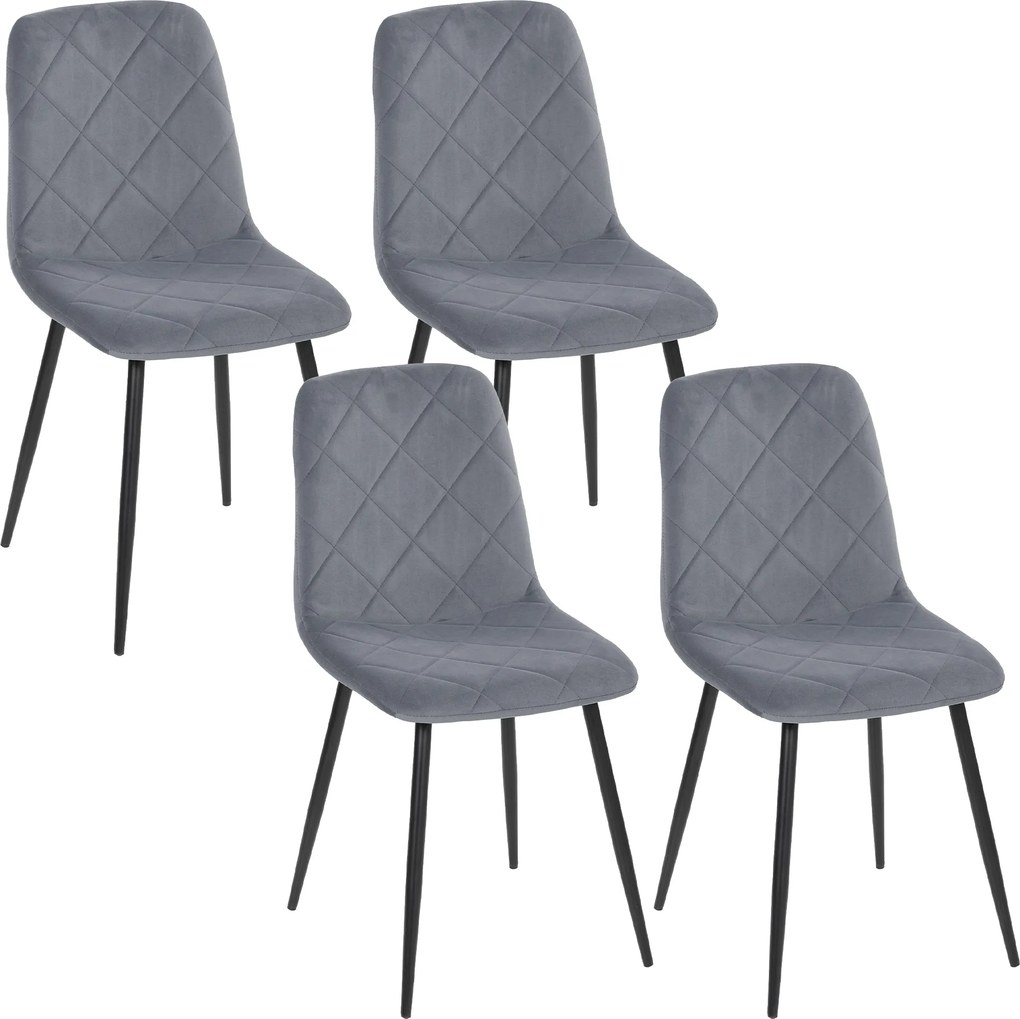 HOMCOM Sada 4 moderních jídelních židlí potažených sametem se ocelovými nohami do obývacího pokoje 45x54x87 cm Šedá