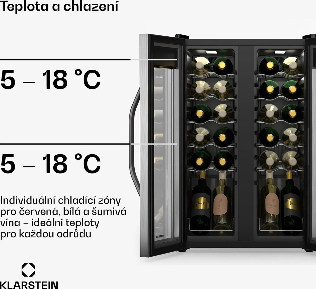 Klarstein Vinamour vinotéka, 2 chladící zóny, 7 polic, dotykové ovládání, UV-ochrana