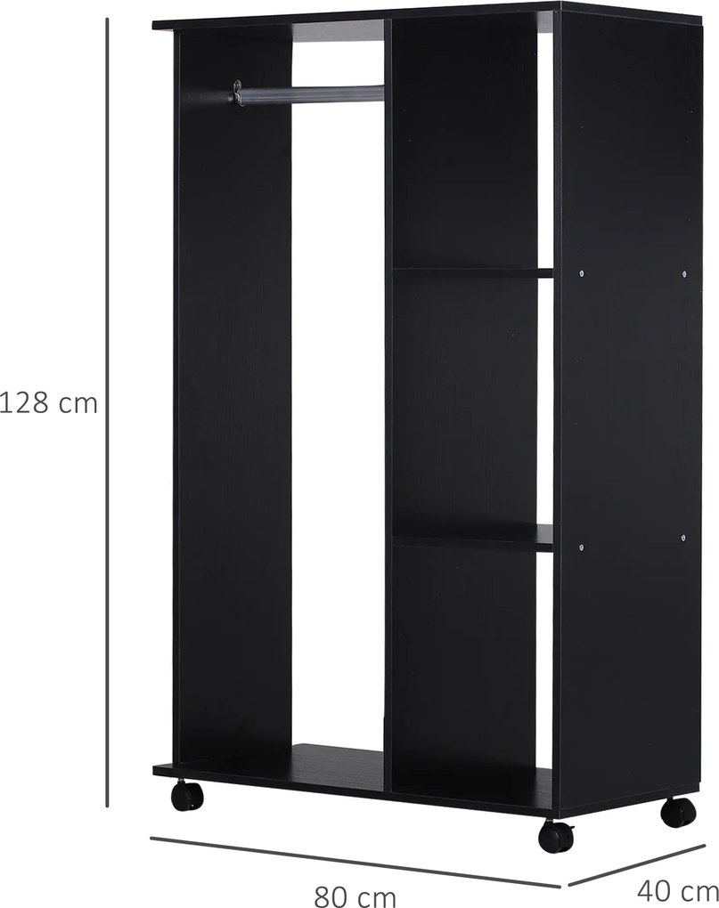 HOMCOM Skříň na kolečkách s otevřeným designem pro oblečení s ramínkovou tyčí a policemi organizátor pro ložnici 80x40x128 cm Černá