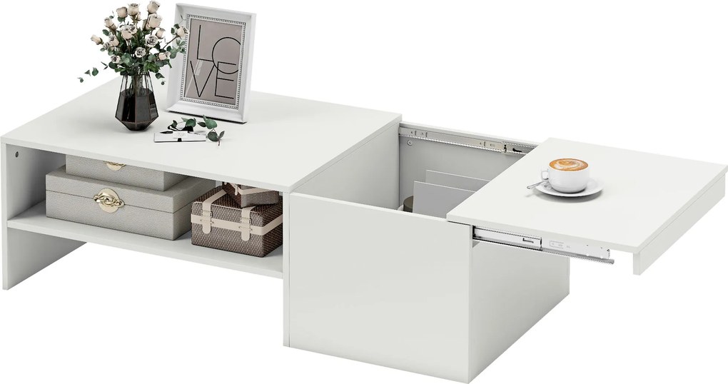 HOMCOM konferenční stolek ze dřeva s vysouvací deskou a otevřeným i skrytým úložným prostorem, 110x52x36 cm, bílá