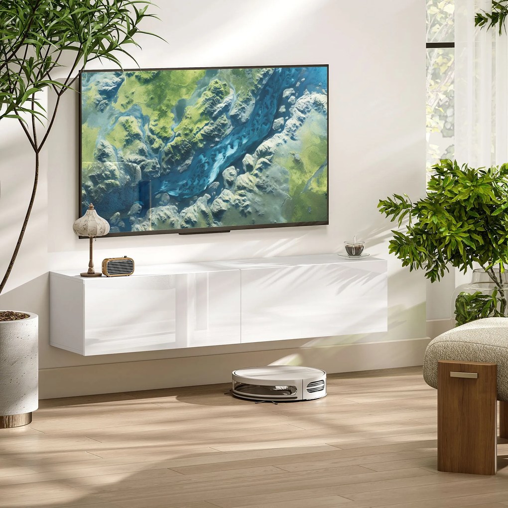 HOMCOM Závěsný TV Stolek pro TV až 45, 55, 65 palců se 2 Dveřmi, Závěsný TV Stojan do Obývacího Pokoje nebo Ložnice, 140 x 33 x 29,8 cm, Bílý | Aosom