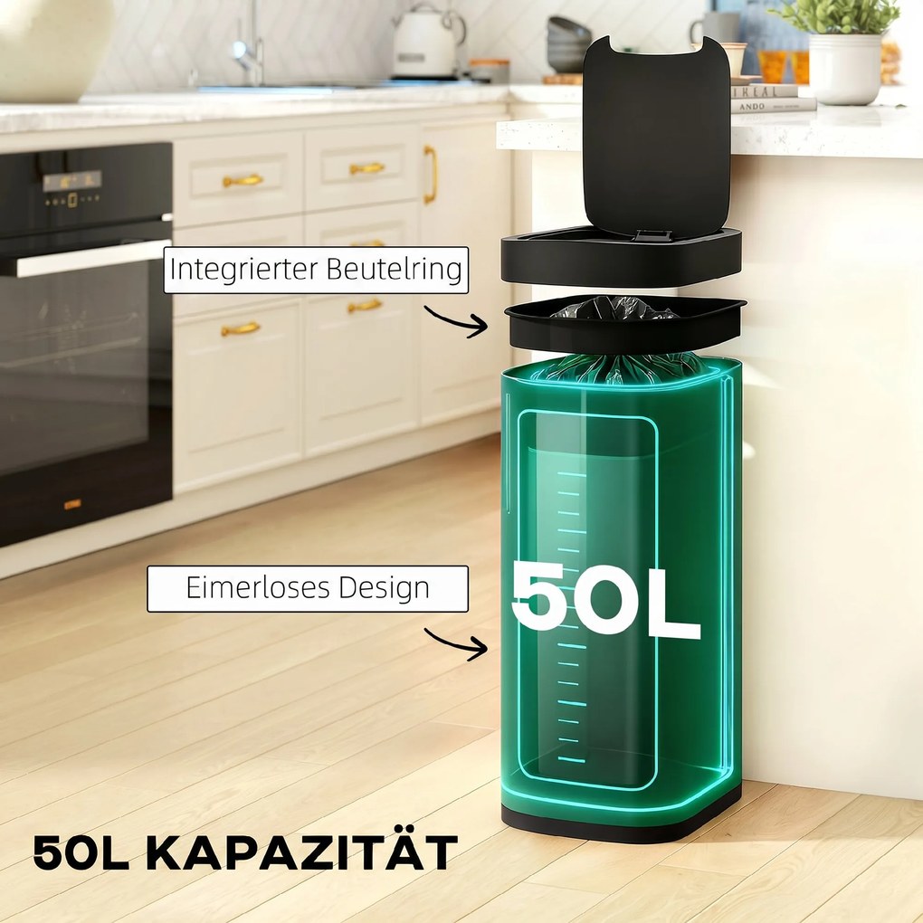 HOMCOM 50 l bezdotykový koš na odpad s pohybovým senzorem – aktivace pohybem, odolný proti otiskům (tmavě zelený)