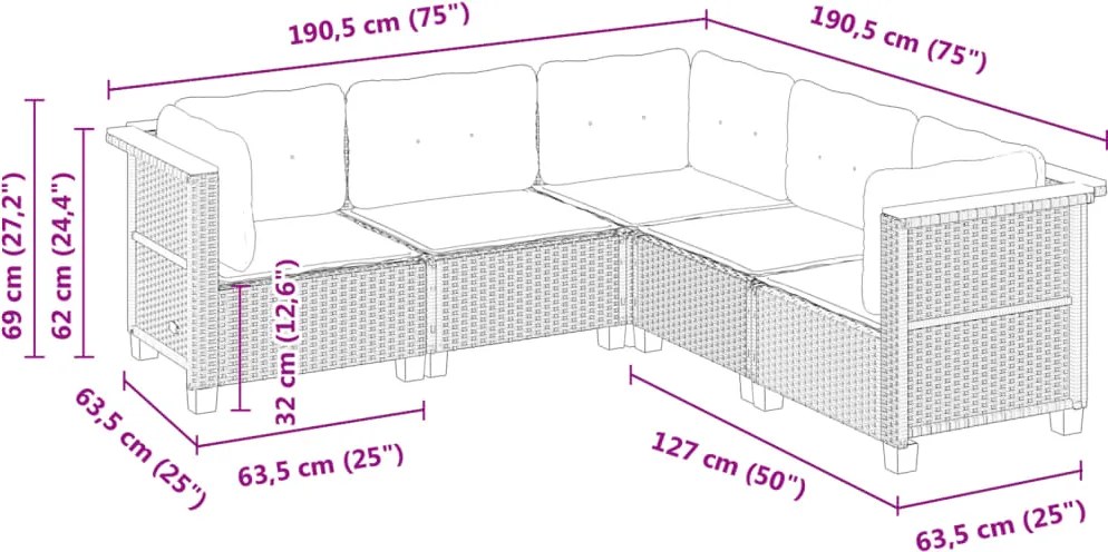 5dílná zahradní sedací souprava s poduškami černá polyratan 3261821