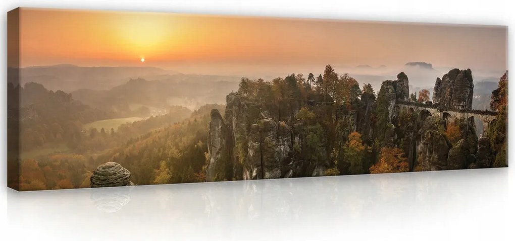 Obraz 145x45 Úsvit západ hory skály les mlha příroda klid