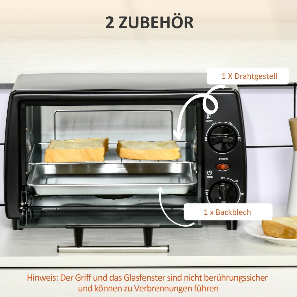 HOMCOM Mini trouba 10L 750W do 230°C s časovačem 60 min malá elektrická trouba včetně plechu a roštu 36,5x26x22 cm černá