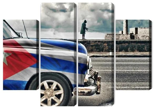Vícedílný obraz Auto S Kubánskou Vlajkou V Ulicích Havany Nedostatek Nedostatek Přírodní plátno 120x90