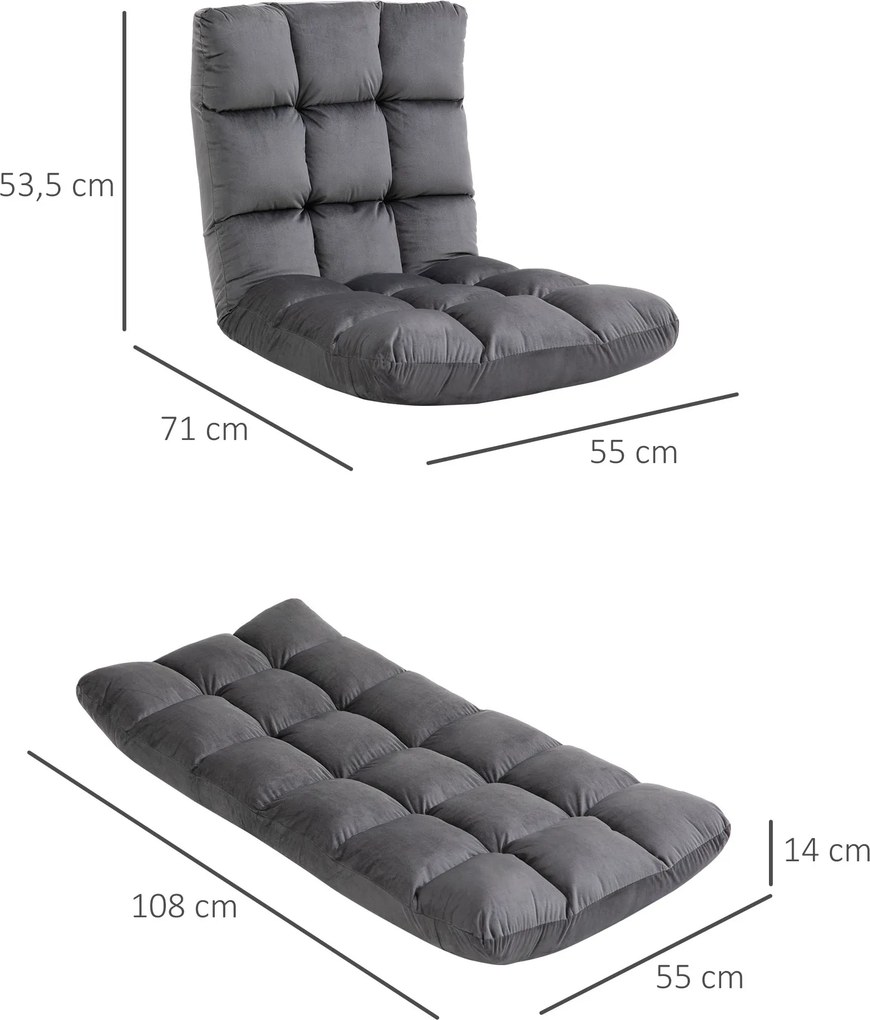 HOMCOM Podlahová židle 3 v 1 Skládací podlahová židle Opěradlo 13 poloh Sedák šedý Kovová pěna 55x71x53,5cm