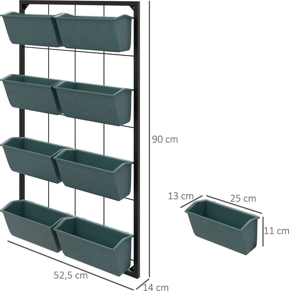 Outsunny stojan na květiny Stojan na rostliny s 8 květináči Nástěnné schodiště na rostliny Police na květiny do zahrady Tmavě zelená 52,5 x 14 x 90 cm