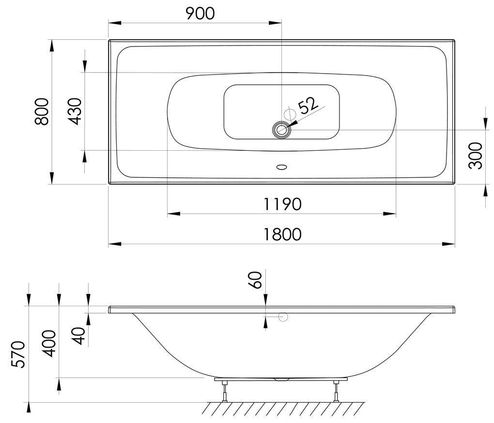 Polysan KALDERA obdélníková vana s konstrukcí 180x80x40cm, bílá, 60621