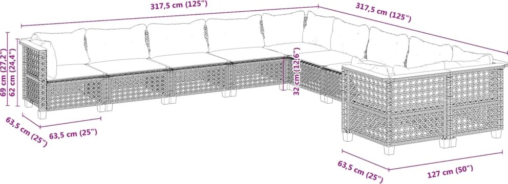 10dílná zahradní sedací souprava s poduškami černá polyratan 3262046