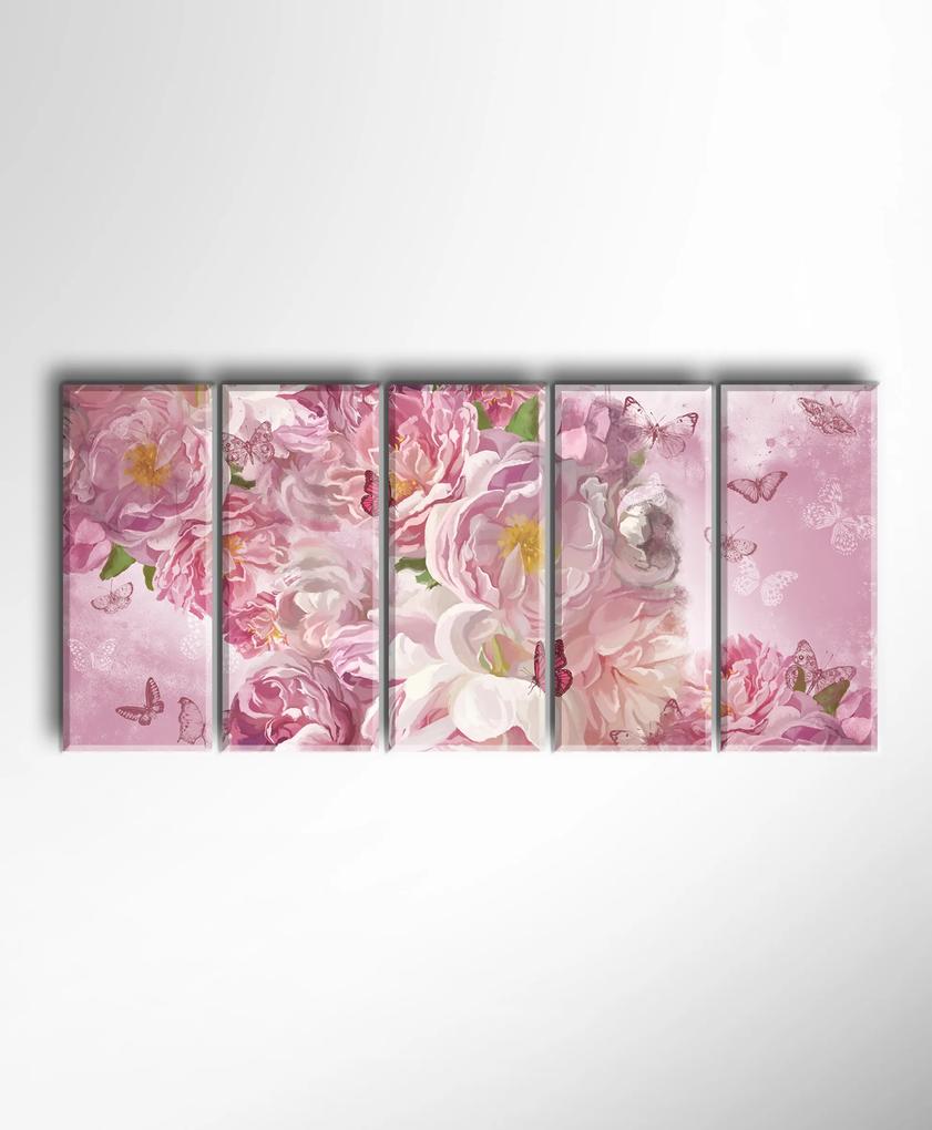 Malvis ® Obraz růžové květy s motýly ROZMĚR (šířka x výška): pětidílné schody obdélník 150x75 cm