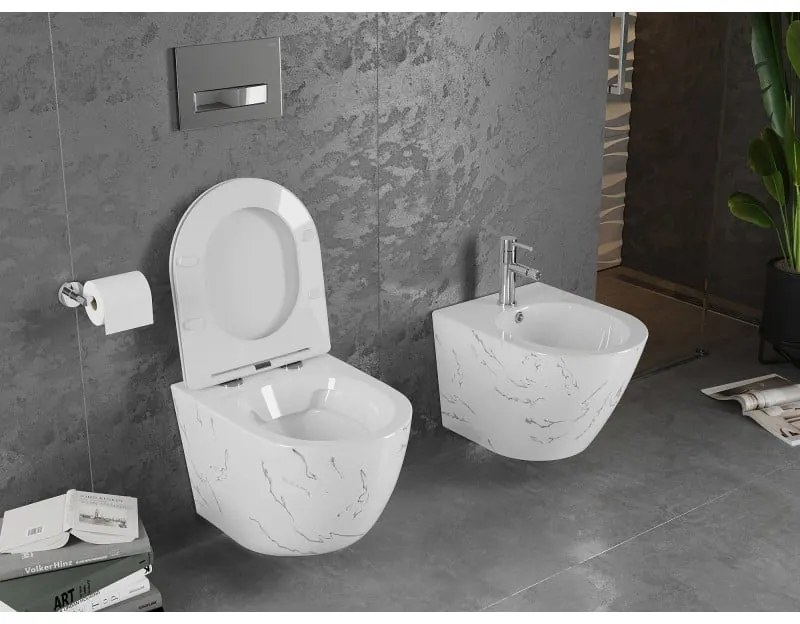 Mexen Lena, závěsná WC mísa Rimless s duroplastovým sedátkem s pomalým zavíráním, imitace mramoru-bílý kámen, 30224093